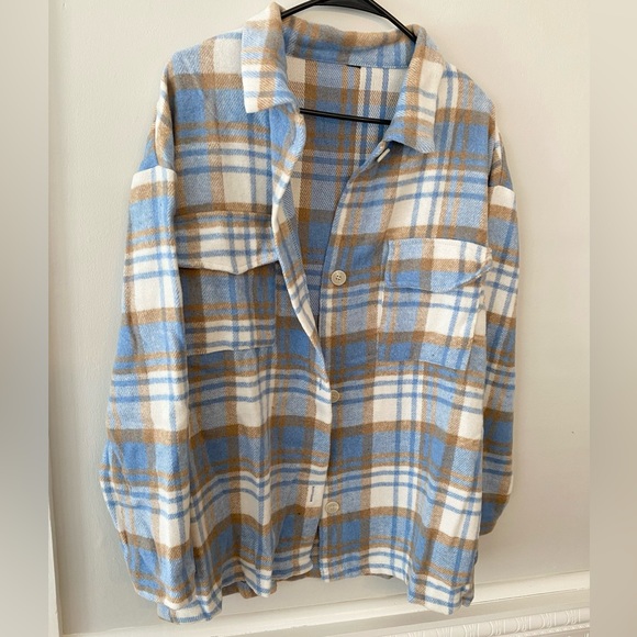 Jackets & Coats | Brand New Pastel Blue Flannel Shacket Overcoat Plaid ...